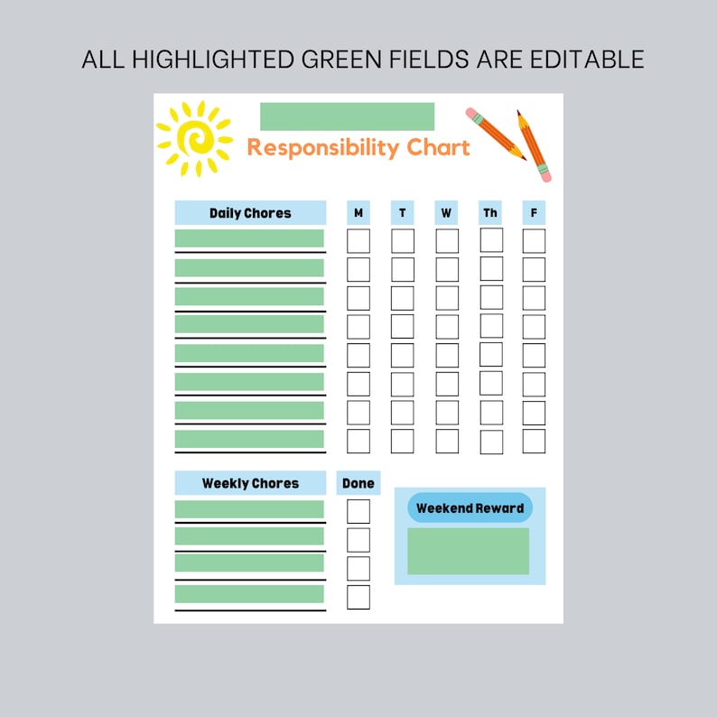Editable Kids Chore Chart: Weekly Goal Planning (PDF Printable) - Etsy