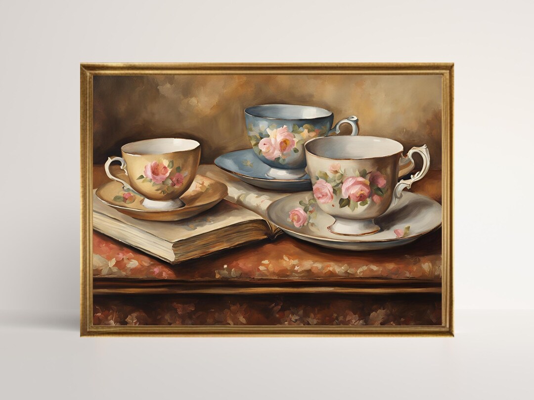 Vintage Teacups Art Print, Rustic Teacup Moody Oil Painting, Teacup ...