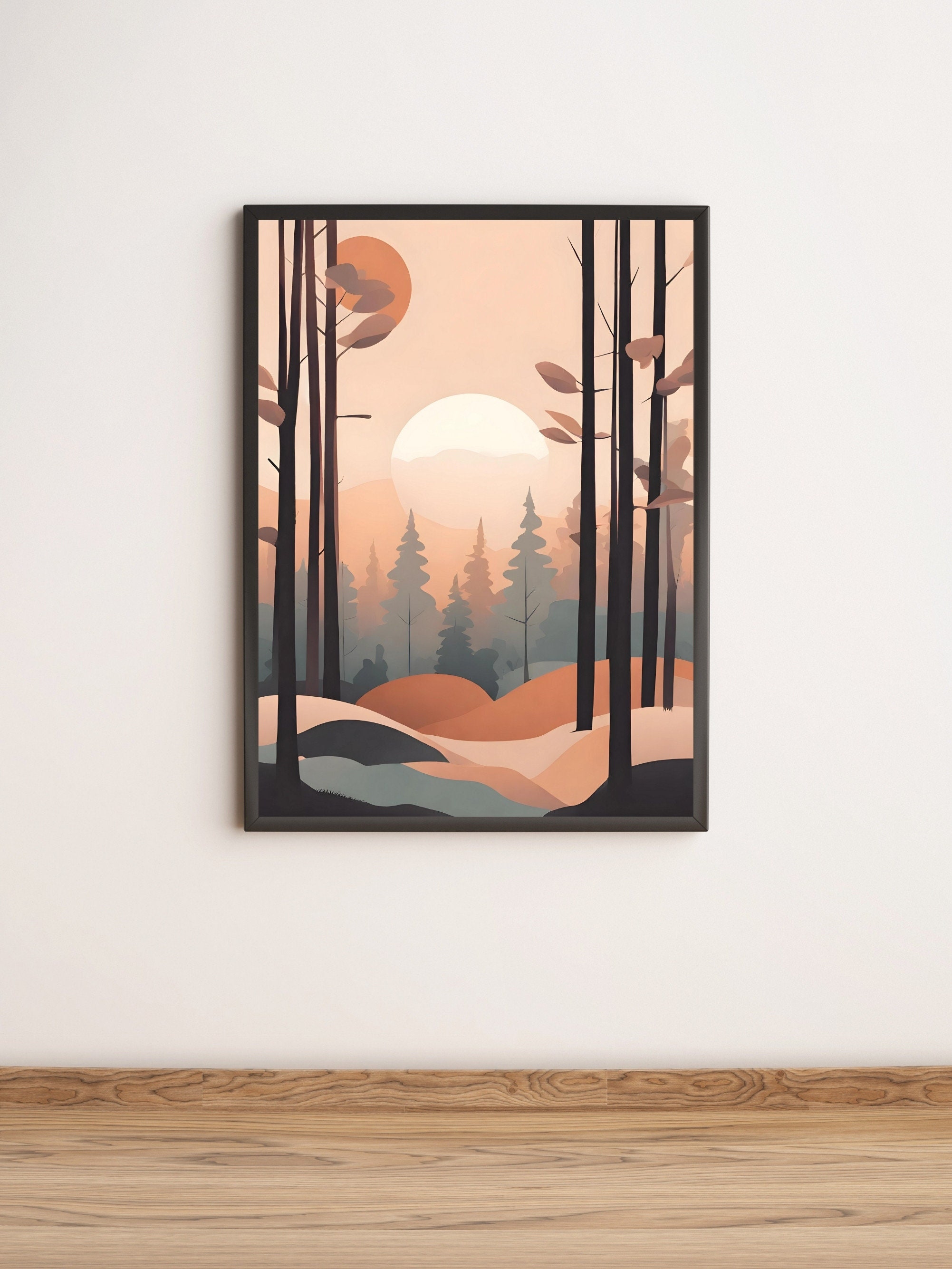 Earth Tones Pine Trees Forest Wall Art, Abstract Forest Landscape Print ...