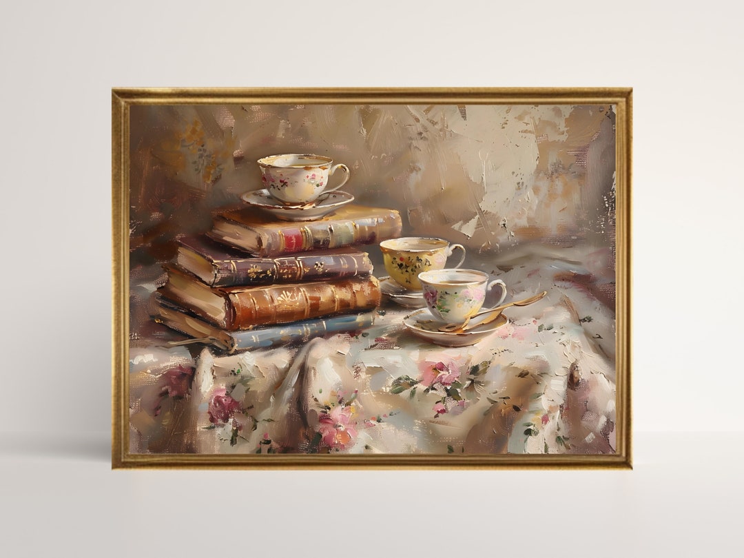 Vintage Library Books Art, Rustic Teacup Oil Painting, Coffee Teacup ...
