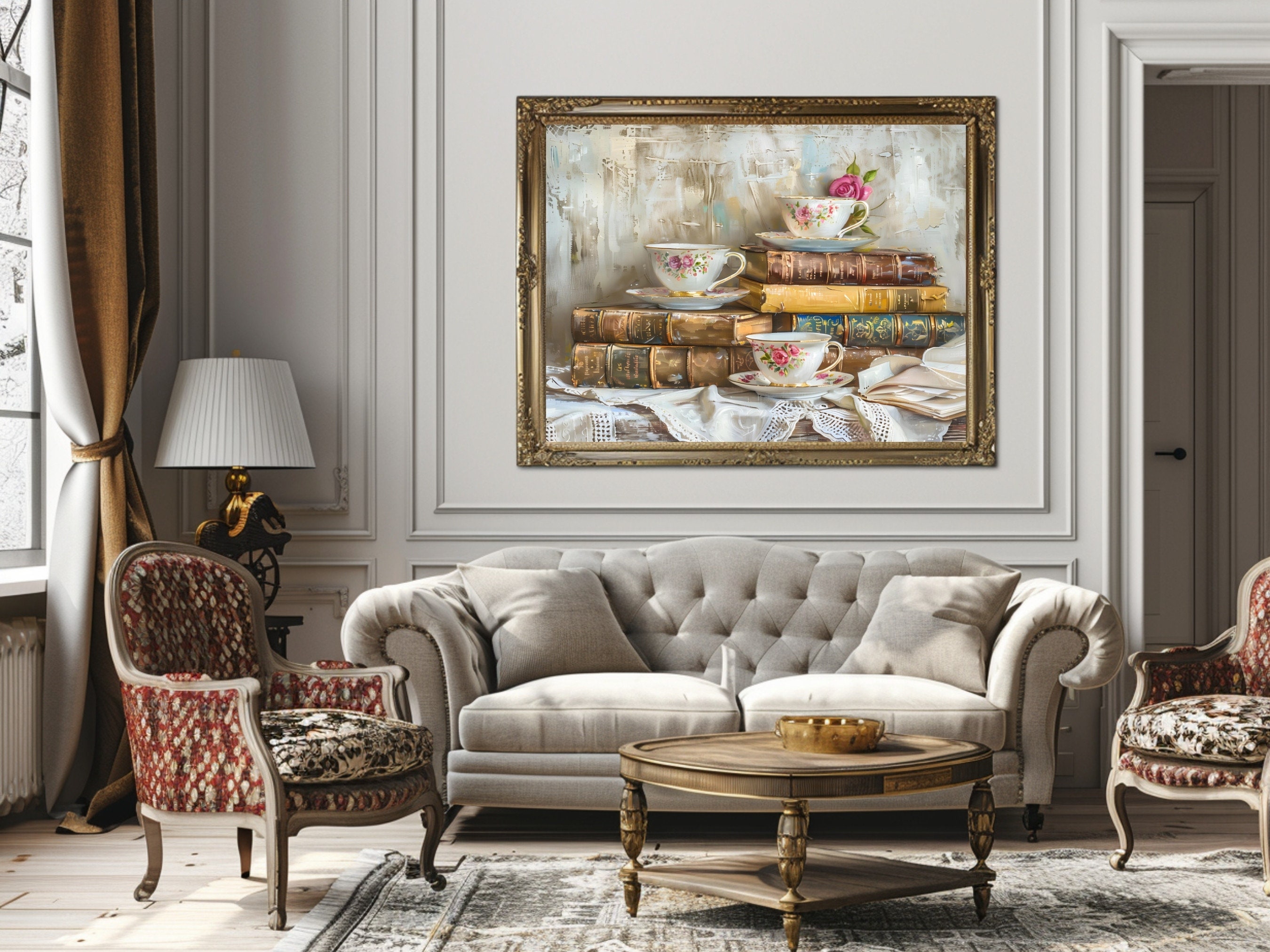 Vintage Library Books Art, Rustic Teacup Oil Painting, Coffee Teacup ...