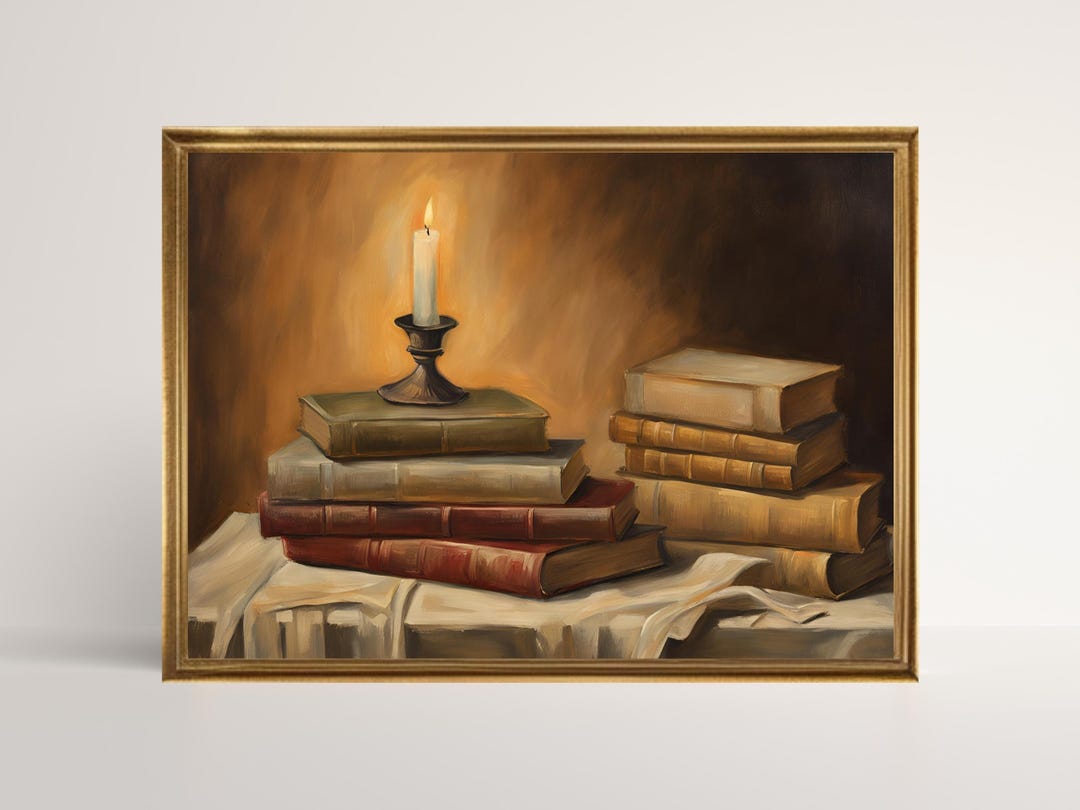 Vintage Library Books Art Print, Antique Candle Oil Painting, Vintage ...
