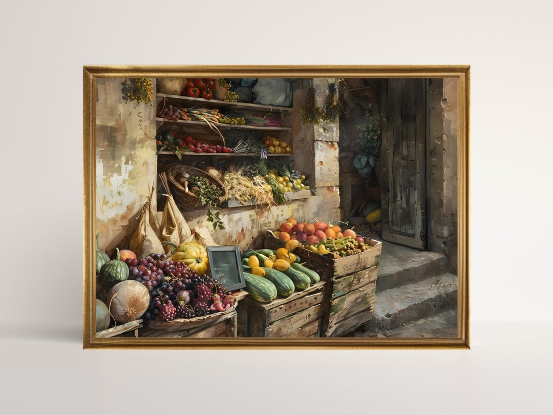 Vintage Farmer's Market Oil Painting, Fruits & Vegetables Market Stand ...