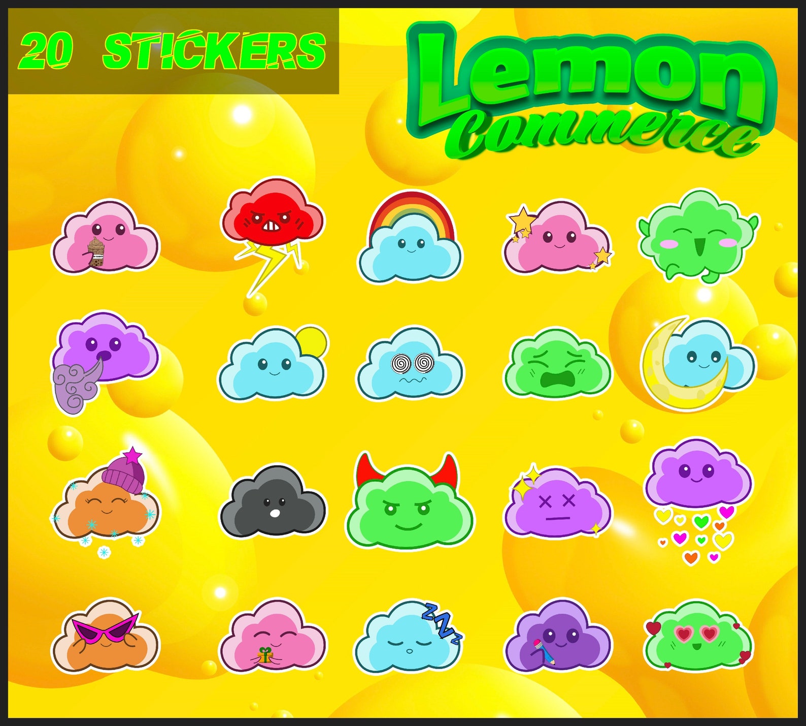 Whimsical Clouds Digital Sticker Badges Pack - Cute Emotive Cloud ...