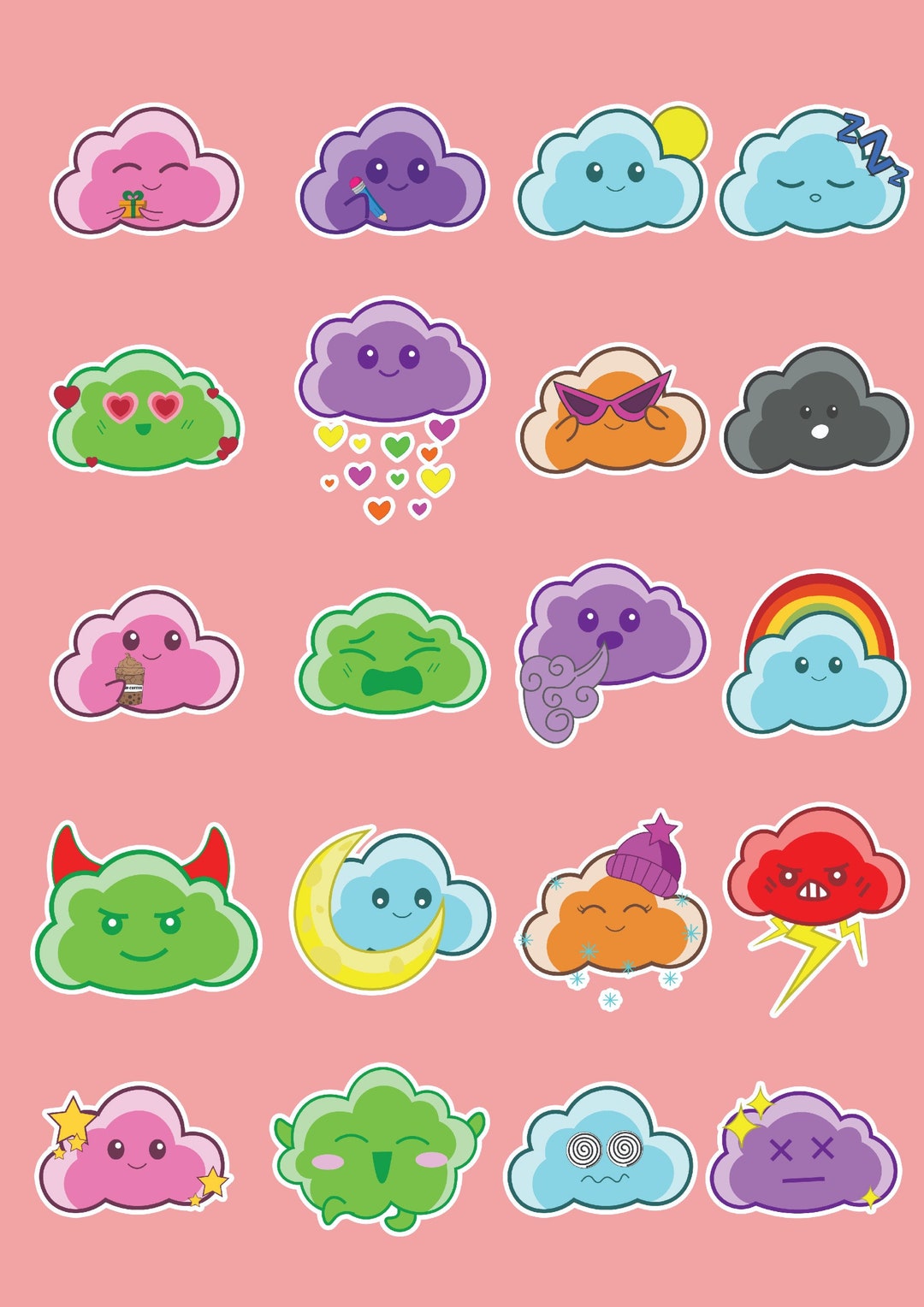 Whimsical Clouds Digital Sticker Badges Pack - Cute Emotive Cloud ...