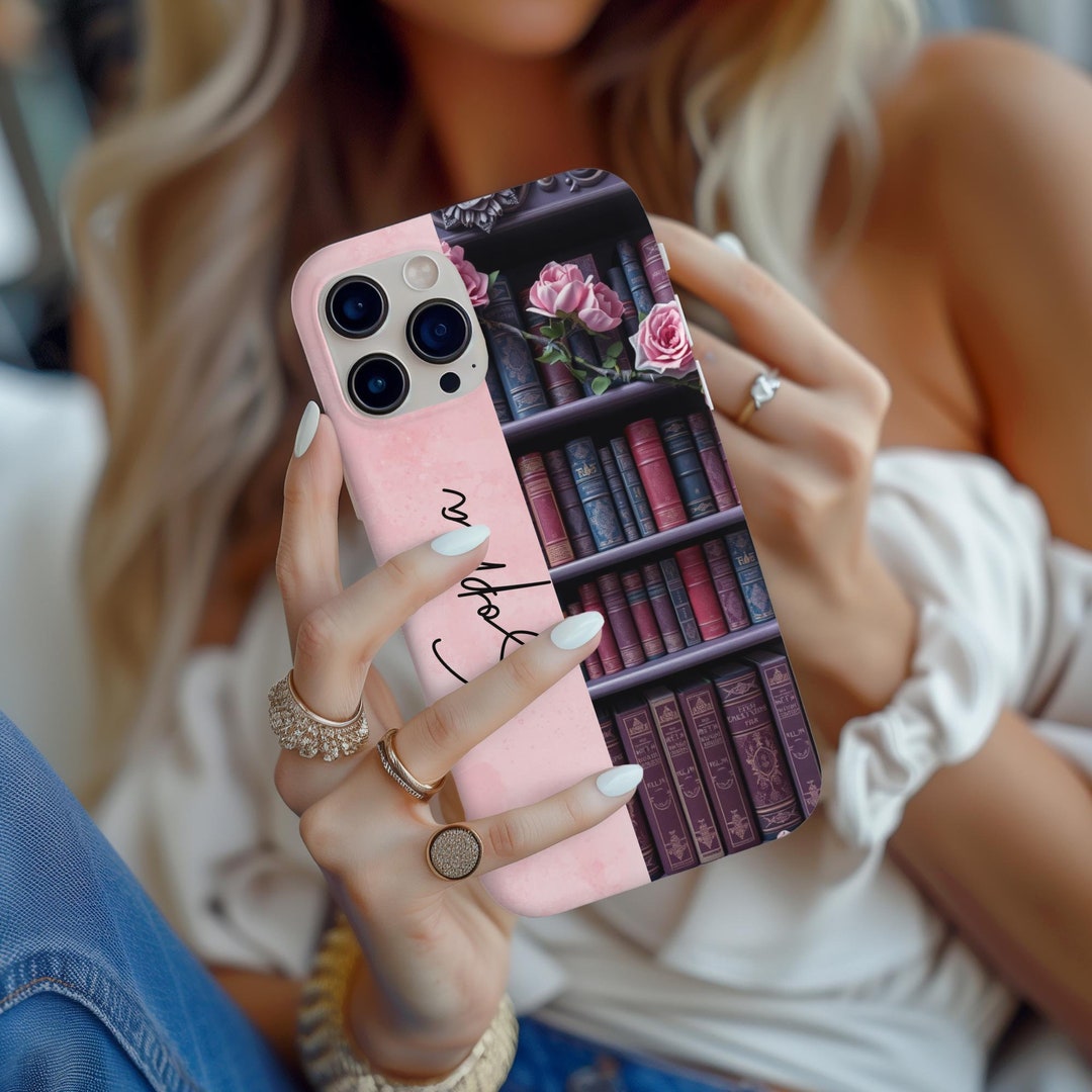Custom Floral Bookshelf Pink Purple Phone Case, Floral Aesthetic Phone ...