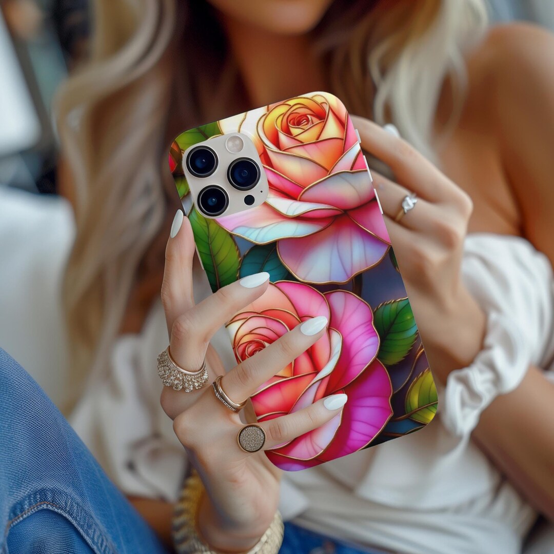 Stained Glass Roses Phone Case, Floral Unique Mosaic, iPhone 16 15 14 ...