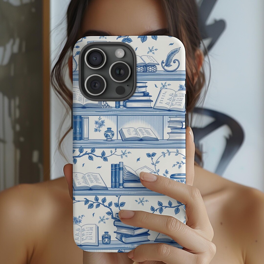 Floral Bookshelf Chinoiserie Phone Case, Preppy Blue Phone Case, Book ...