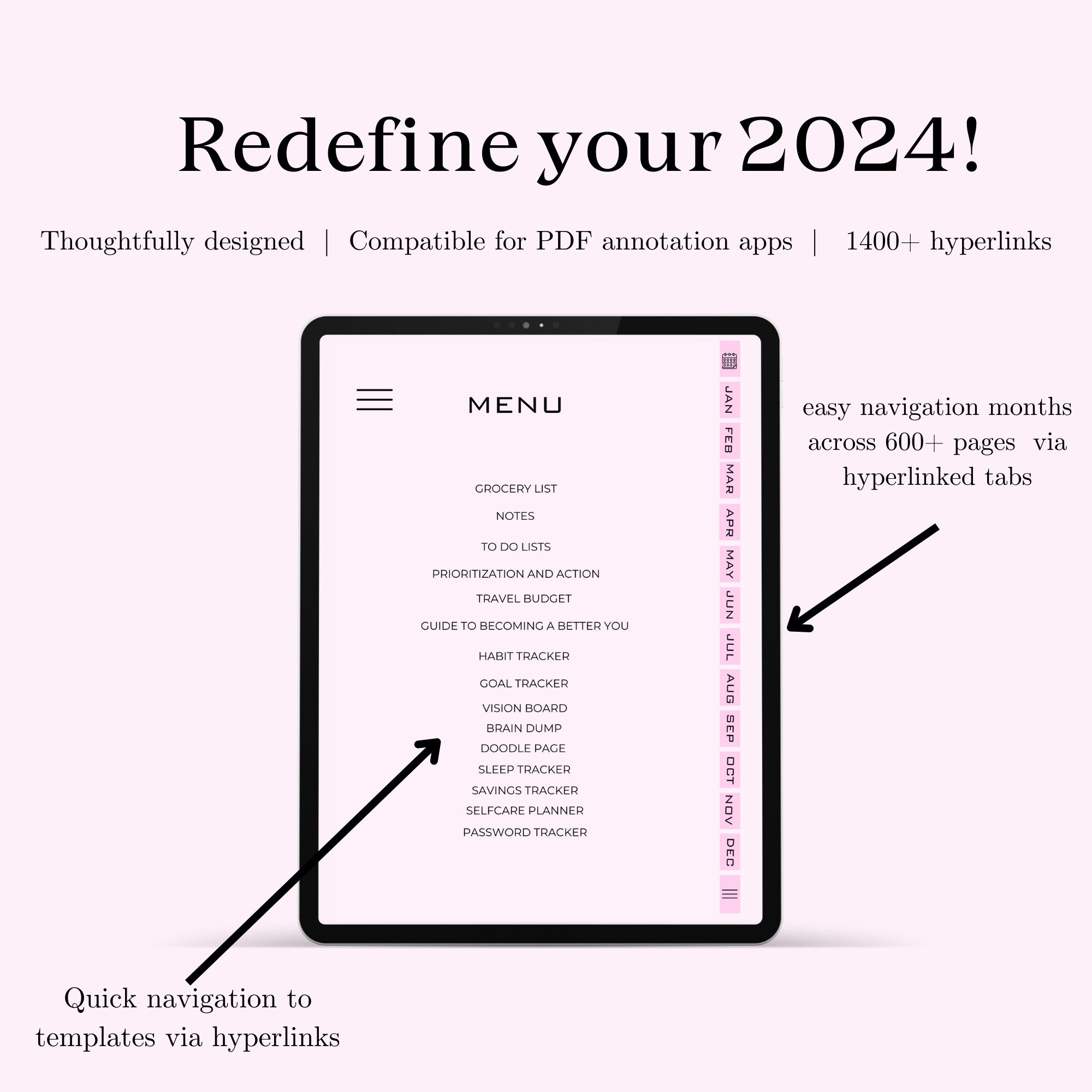 ADHD Pink Digital Planner, ADHD Journal , ADHD Bullet Notebook, Weekly ...