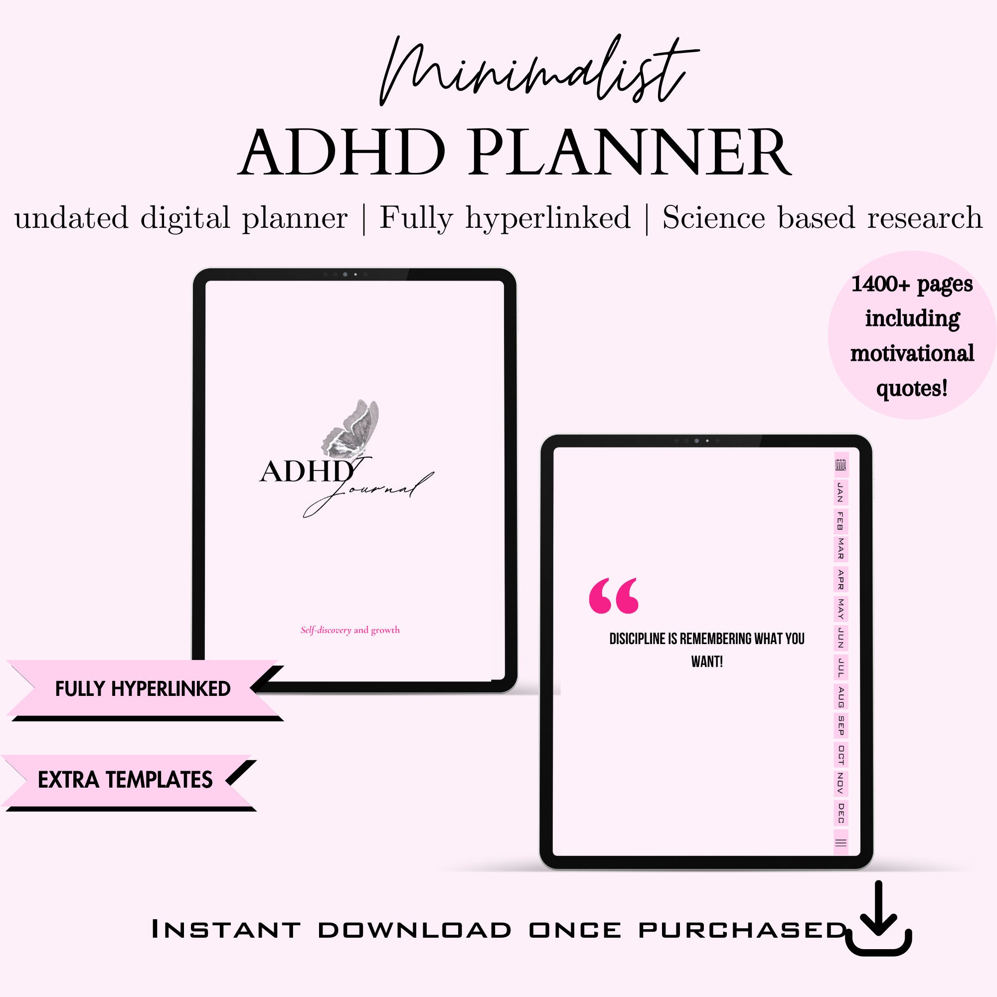 ADHD Pink Digital Planner, ADHD Journal , ADHD Bullet Notebook, Weekly ...