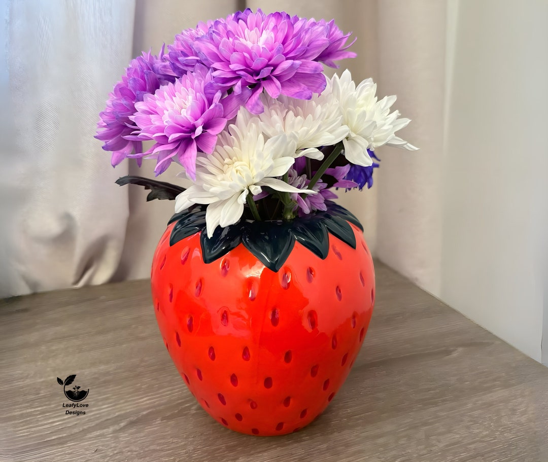 Ceramic Strawberry Vase, Hand Painted Red Strawberry Shape Planter Home ...