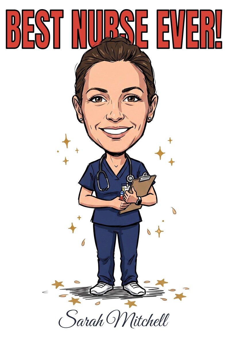 Nurse Caricature Portrait for Her – Custom Cartoon Drawing From Photo ...