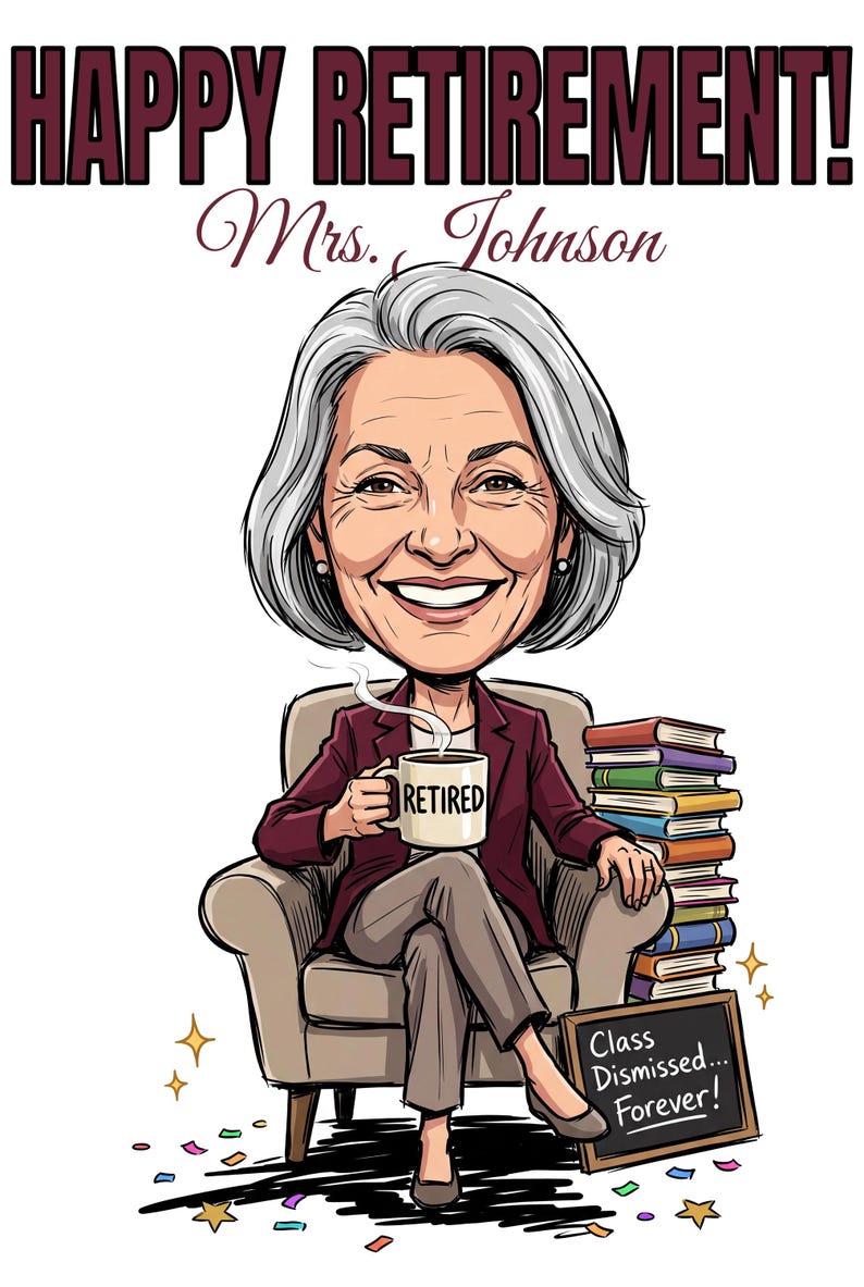 Teacher Retirement Caricature Portrait for Her – Custom Cartoon Drawing ...