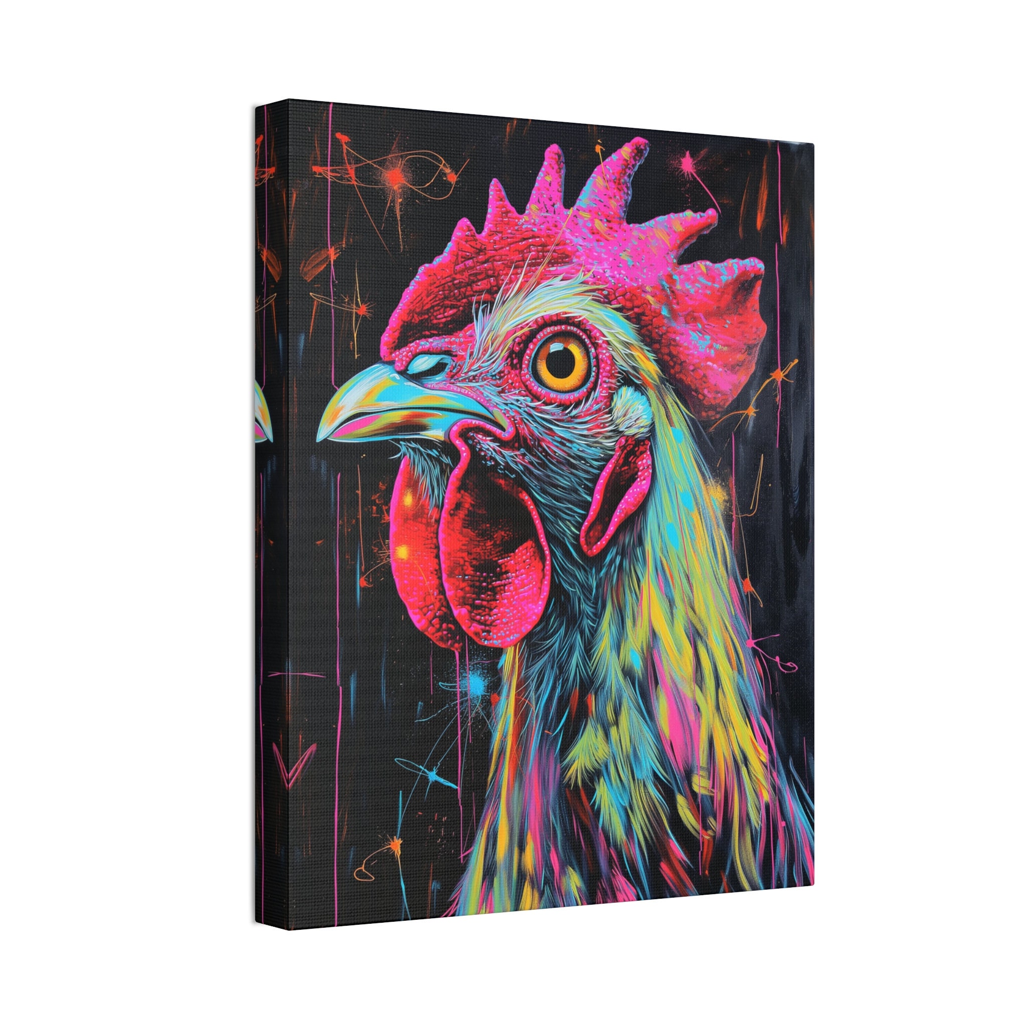 Neon Rooster Portrait, Black Background, Oil on Canvas Print, Large ...