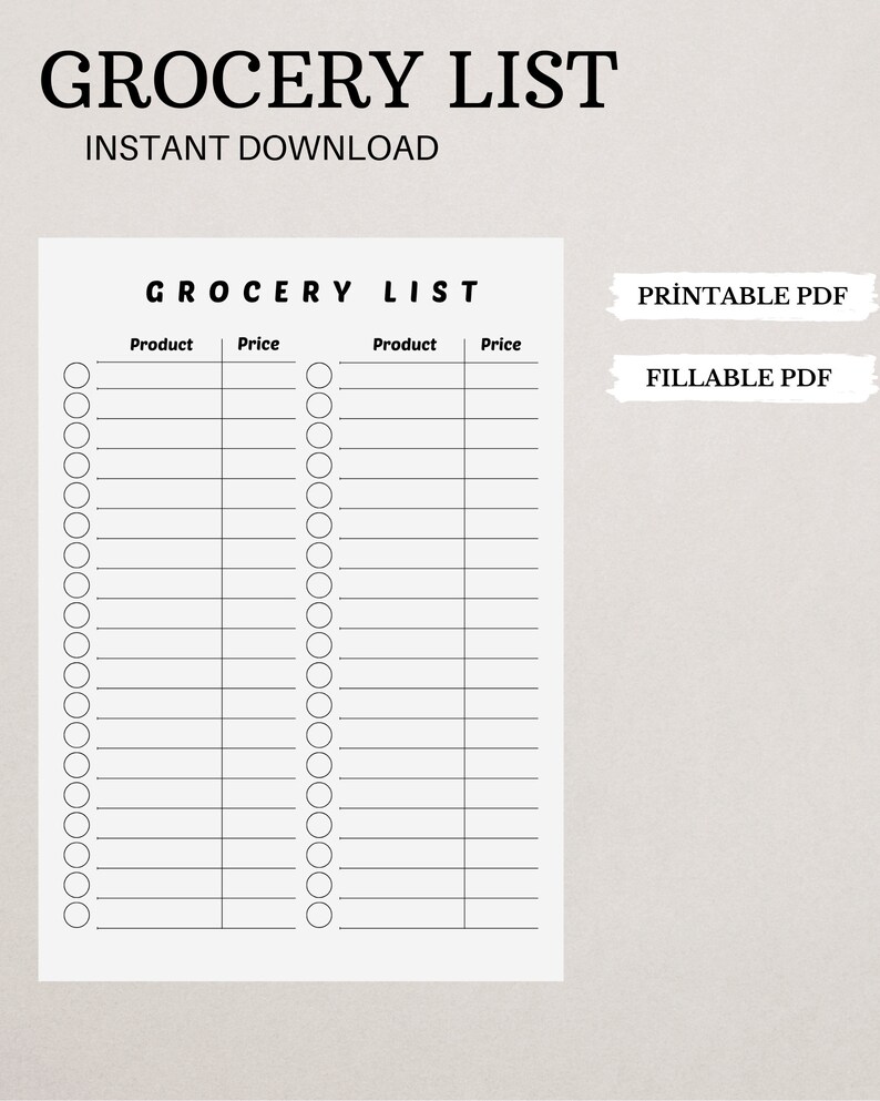 Minimalist Grocery List Printable Easy-to-use Food Shopping Checklist ...