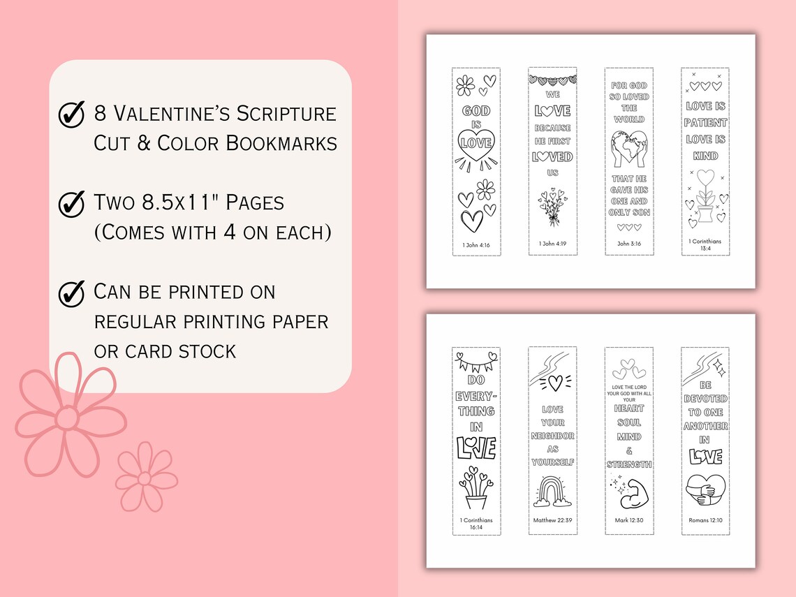 Valentines Bible Verse Coloring Bookmarks Printable Sunday School Craft ...