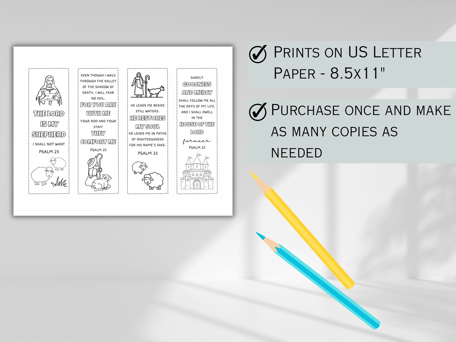 Psalm 23 Bible Verse Coloring Scripture Bookmarks Printable Sunday ...