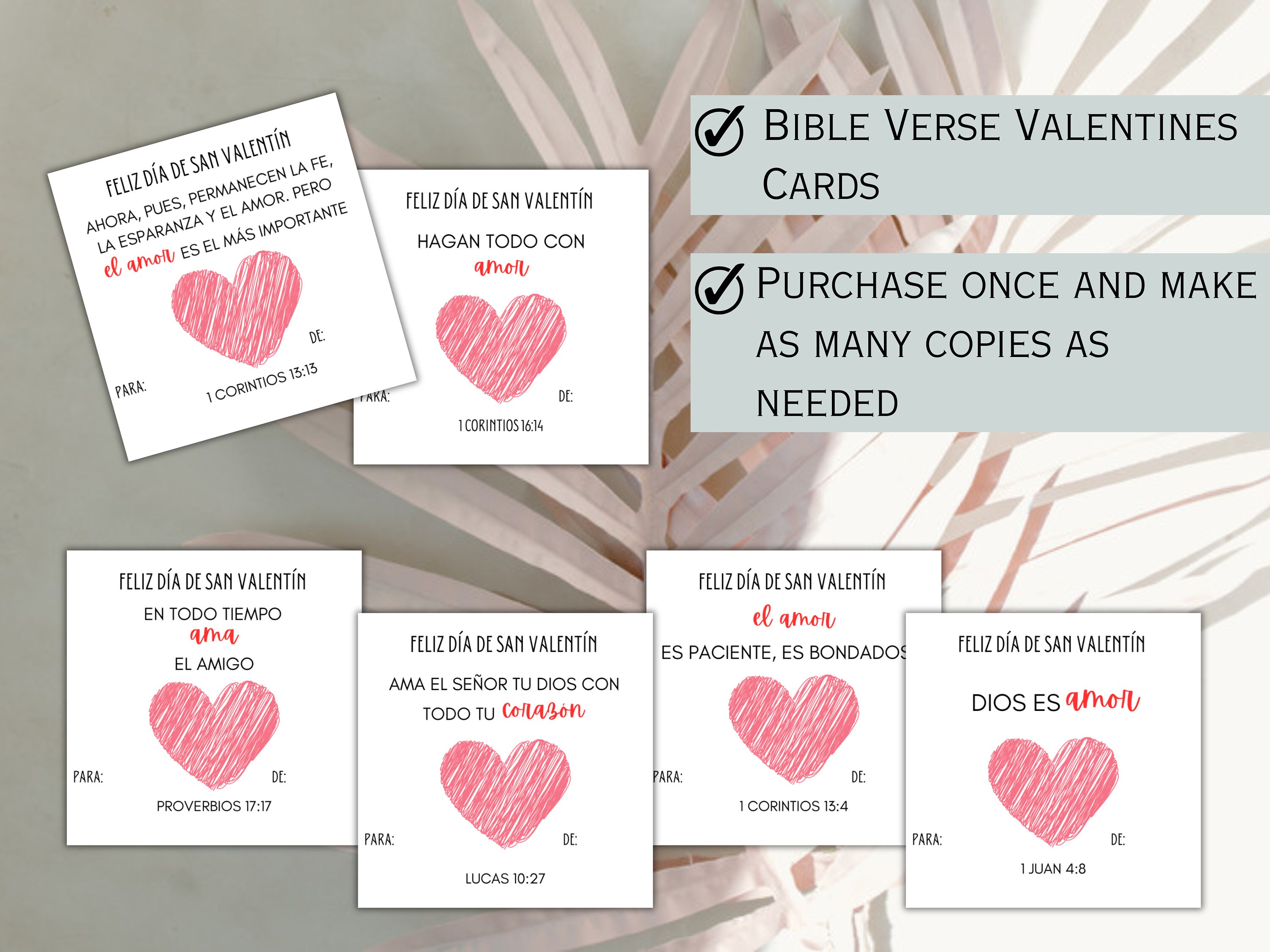 Spanish Valentines Bible Verse Cards for Kids Classmates DIY Christian ...