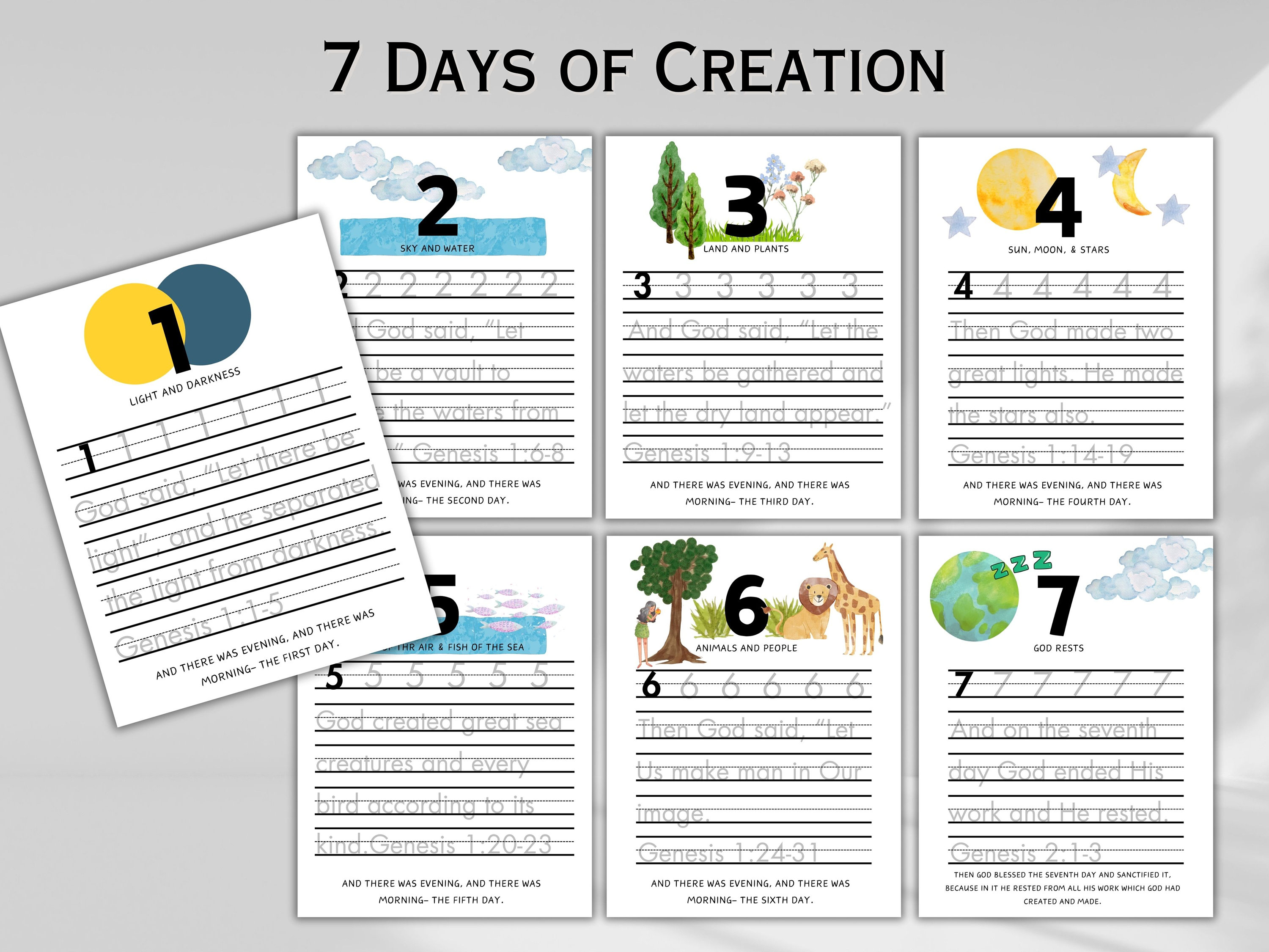 7 Days of Creation Tracing Pages Printable Bible Activity Scripture ...
