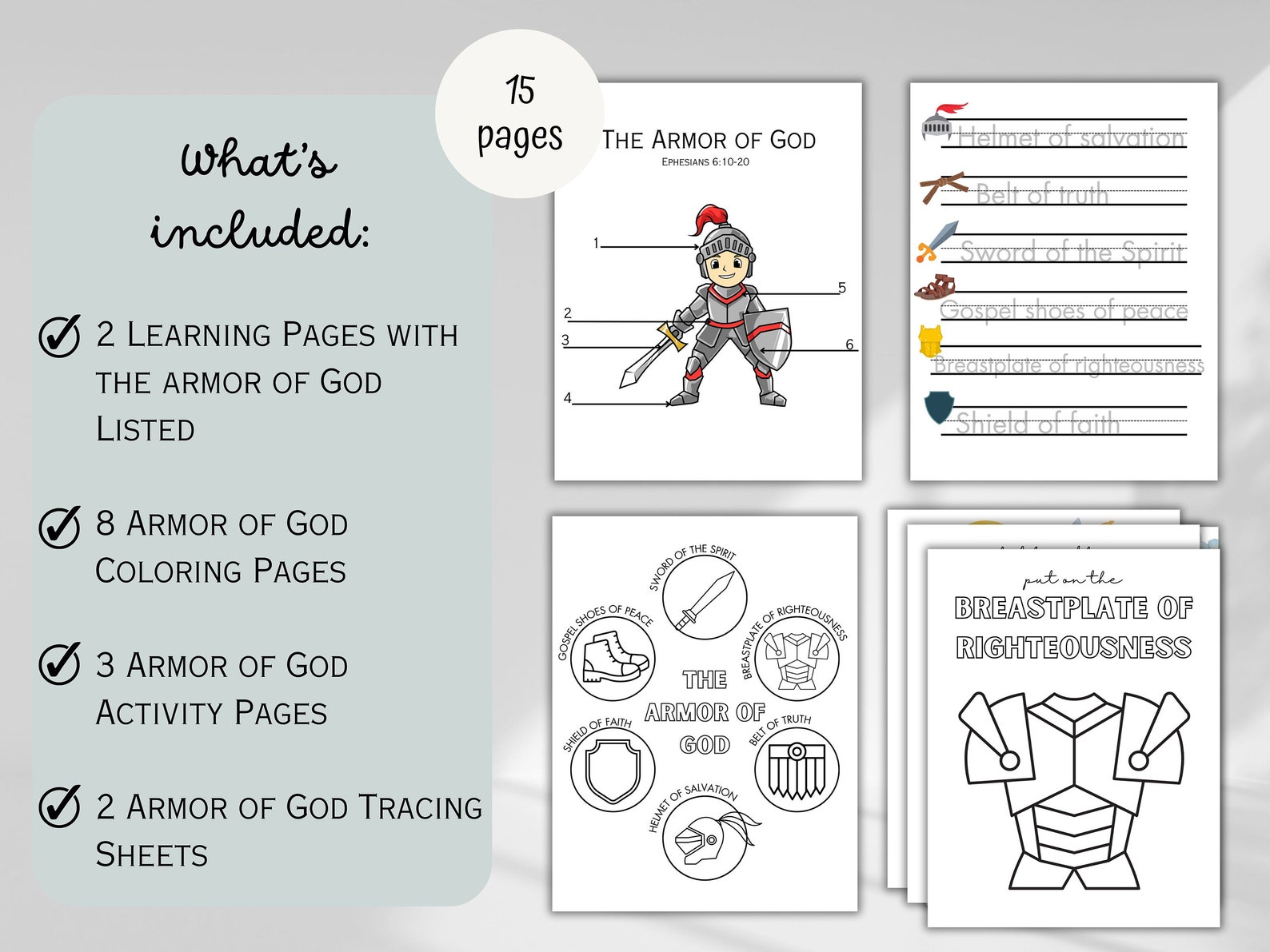 Armor of God 15 Pages Ephesians 6 Color, Trace, Memorize, Crossword ...