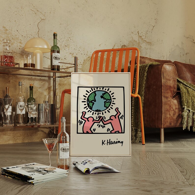 Keith Haring Earth Embrace Art Poster, World Unity Illustration ...