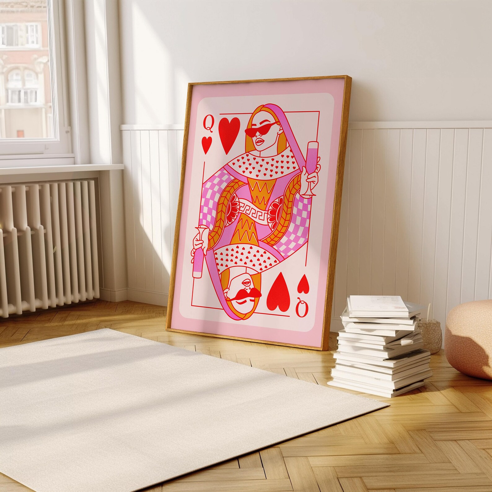Queen of Hearts Modern Art Poster, Chic Fashion Playing Card, Bold Pink ...