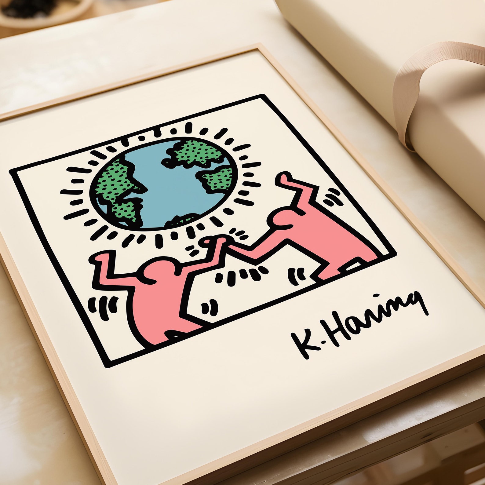 Keith Haring Earth Embrace Art Poster, World Unity Illustration ...