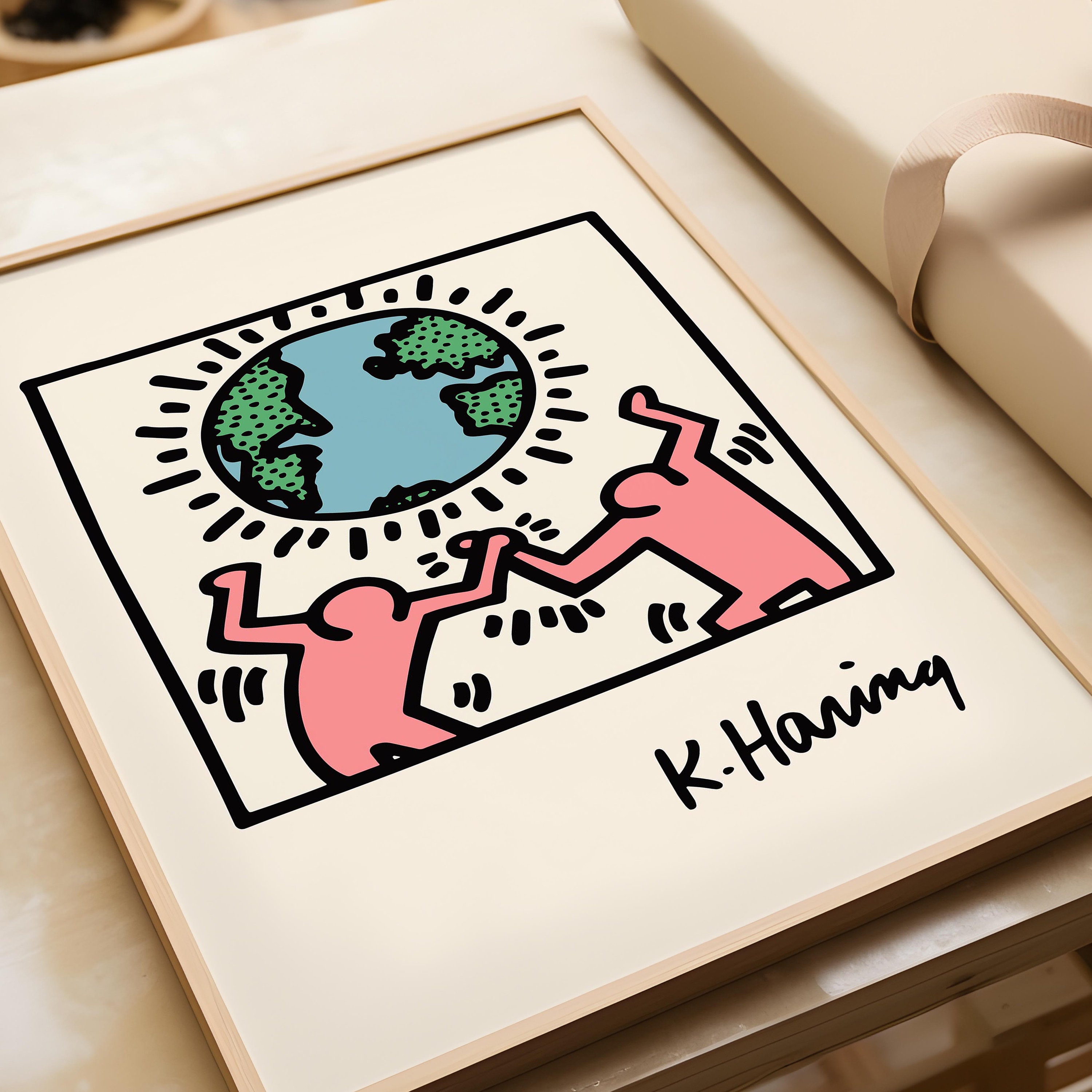 Keith Haring Earth Embrace Art Poster, World Unity Illustration ...