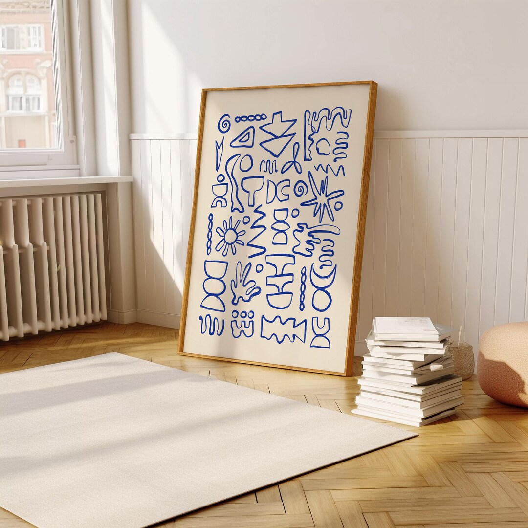 Abstract Doodle Art Print, Playful Blue Sketch Wall Art, Eclectic Home ...