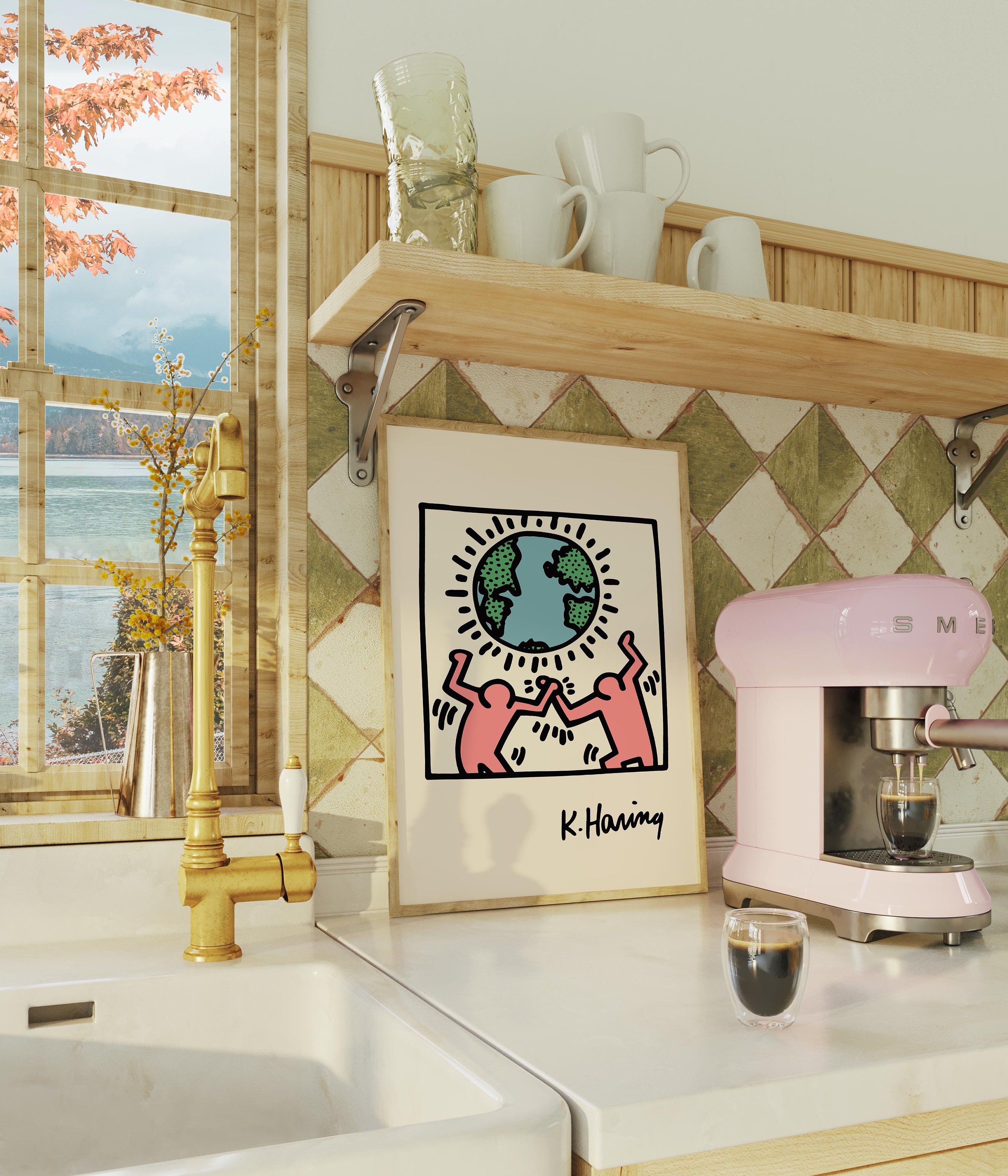 Keith Haring Earth Embrace Art Poster, World Unity Illustration ...