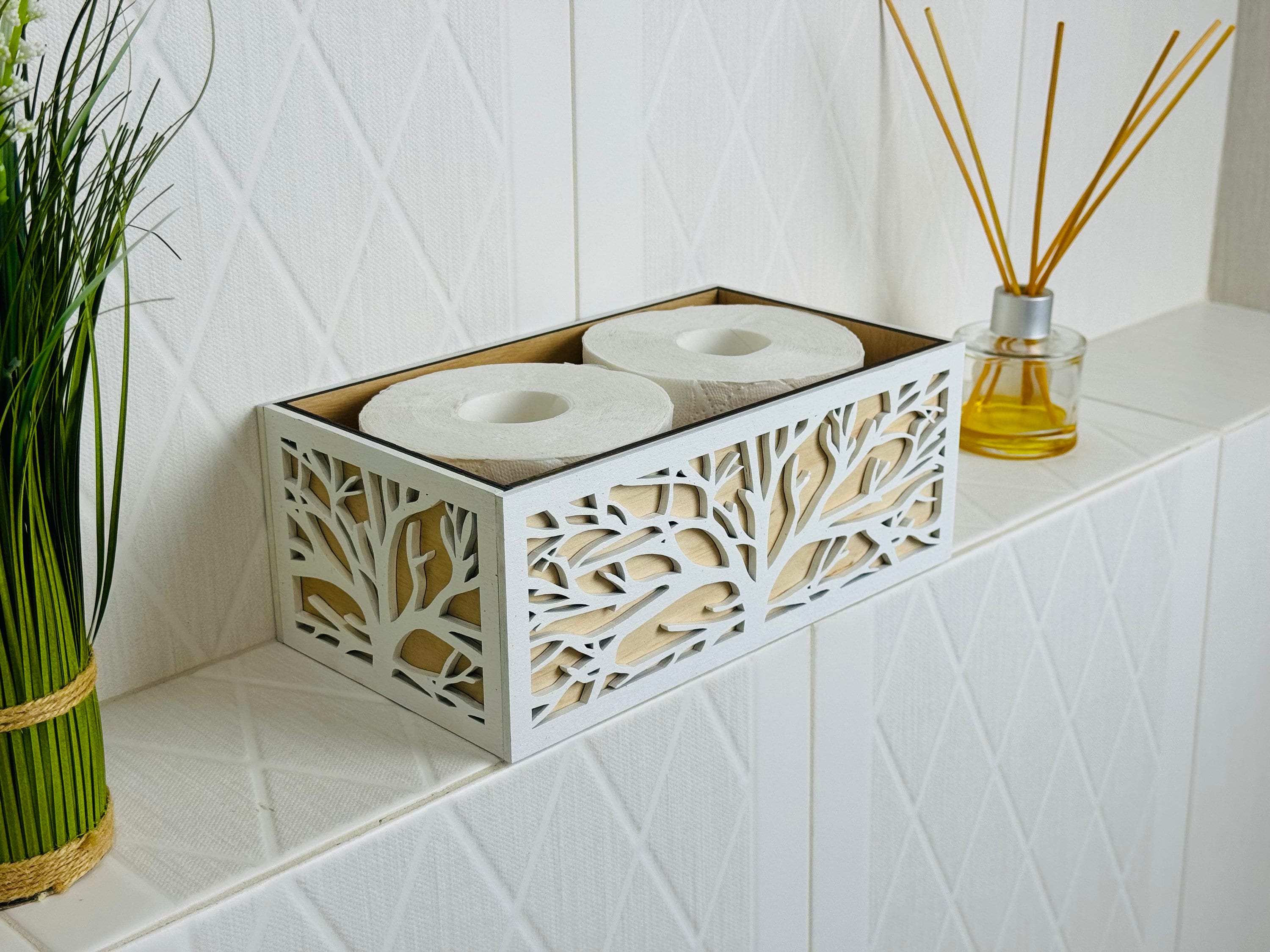 White Tree Style Toilet Roll Holder: Wooden Bathroom Storage & Decor ...