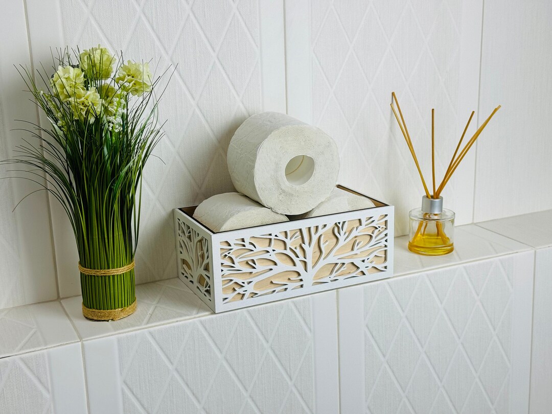 White Tree Style Toilet Roll Holder: Wooden Bathroom Storage & Decor ...