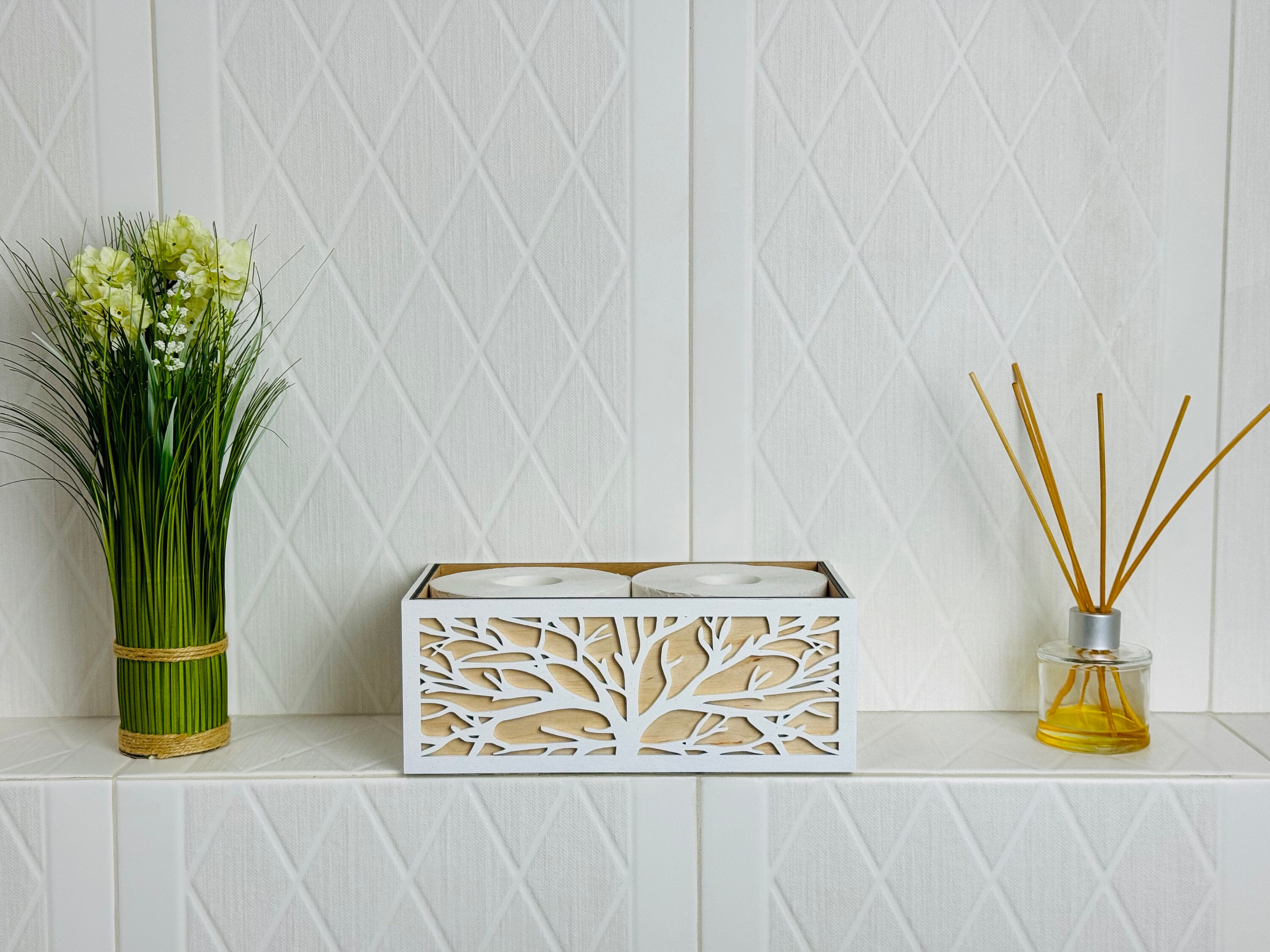 White Tree Style Toilet Roll Holder: Wooden Bathroom Storage & Decor ...