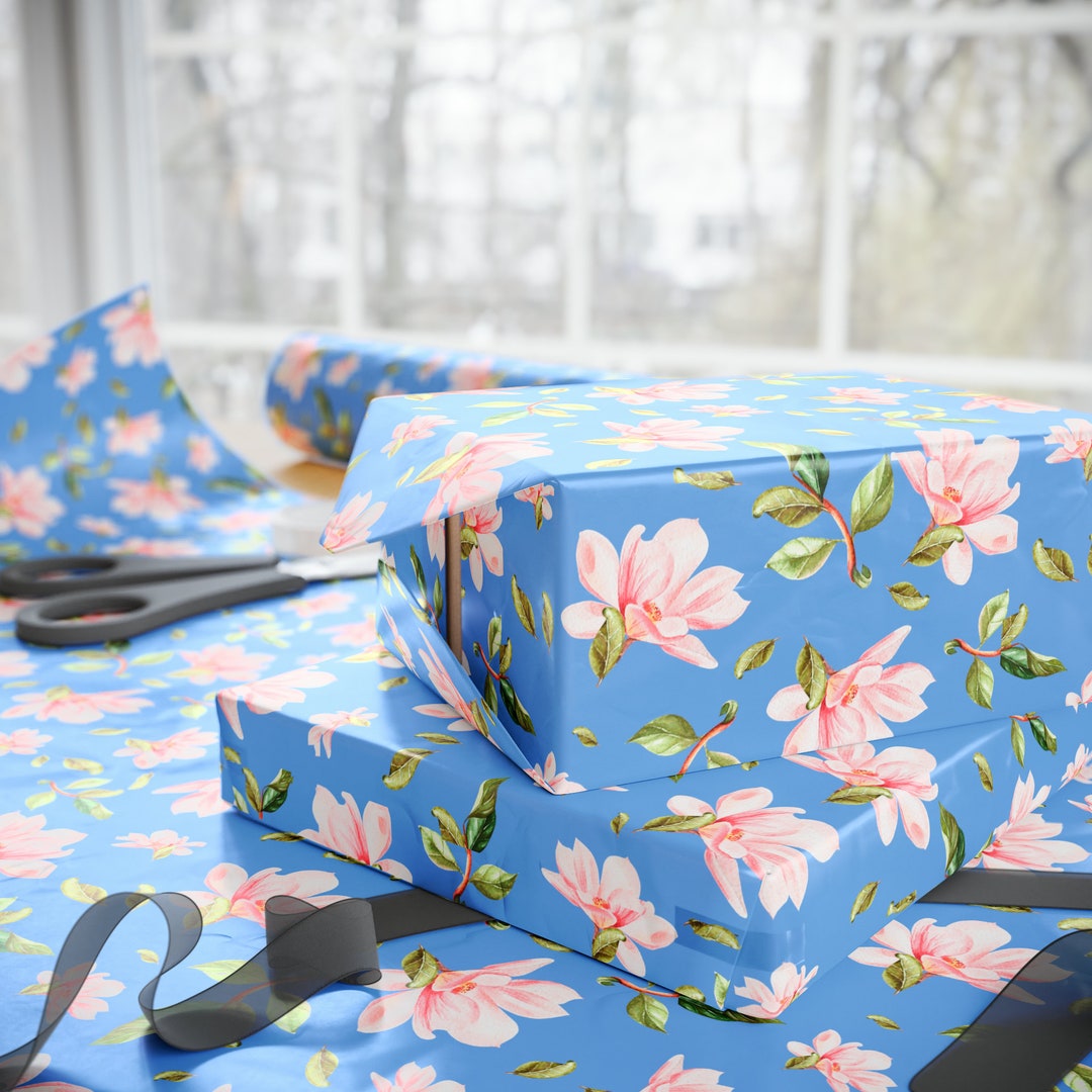 Blue With Pink Flowers Wrapping Papers - Etsy