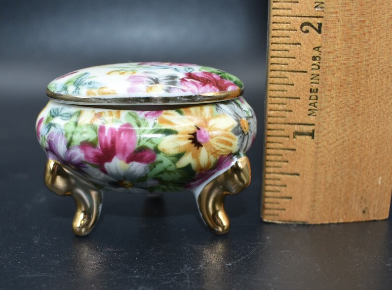 Vintage Porcelain Mini Trinket Box, Hand Painted Floral Design, Made in ...