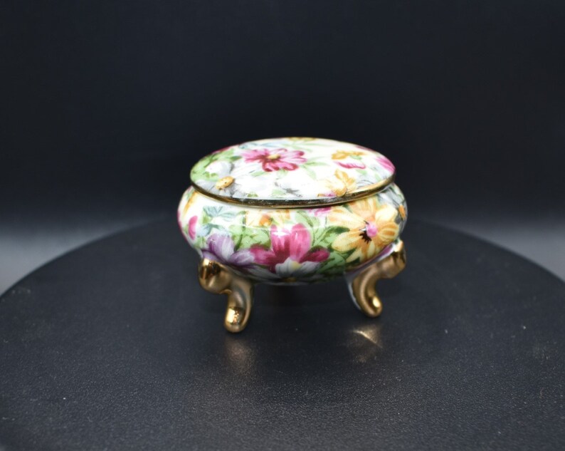 Vintage Porcelain Mini Trinket Box, Hand Painted Floral Design, Made in ...
