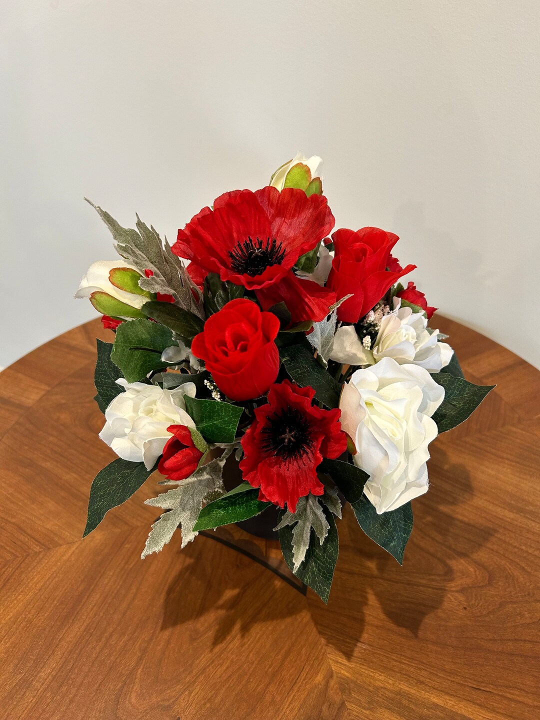 Red Poppy and White Gardenia Round Arrangement, Artificial Faux ...