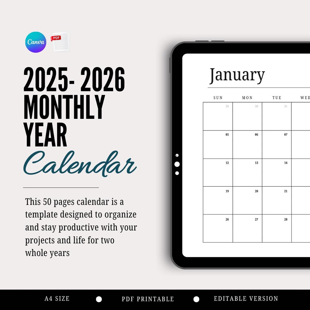 2025 2026 Monthly Calendar, Printable and Editable Annual Planner ...