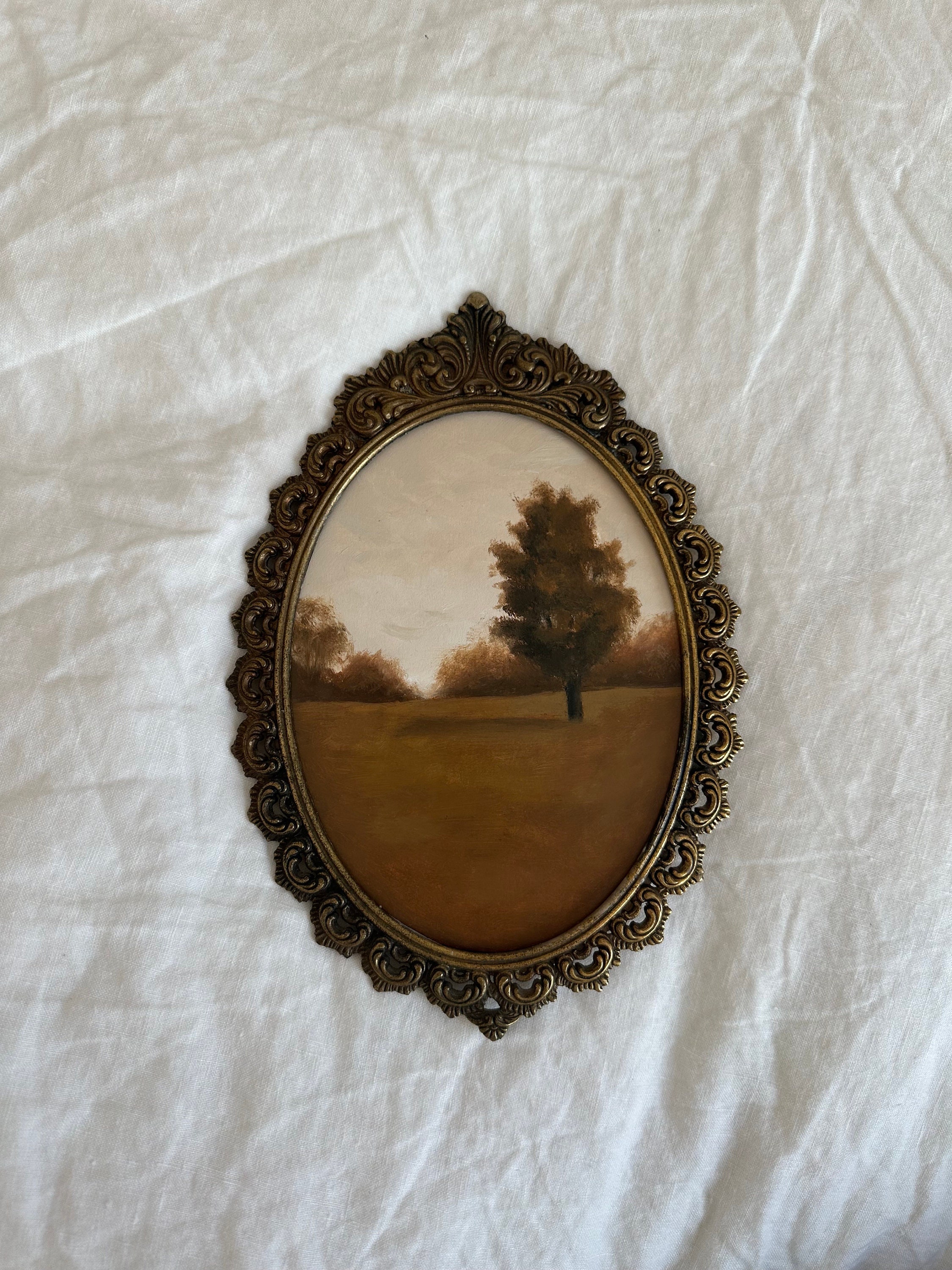 Original Oval Oil Painting in Antique Frame, Moody Countryside ...