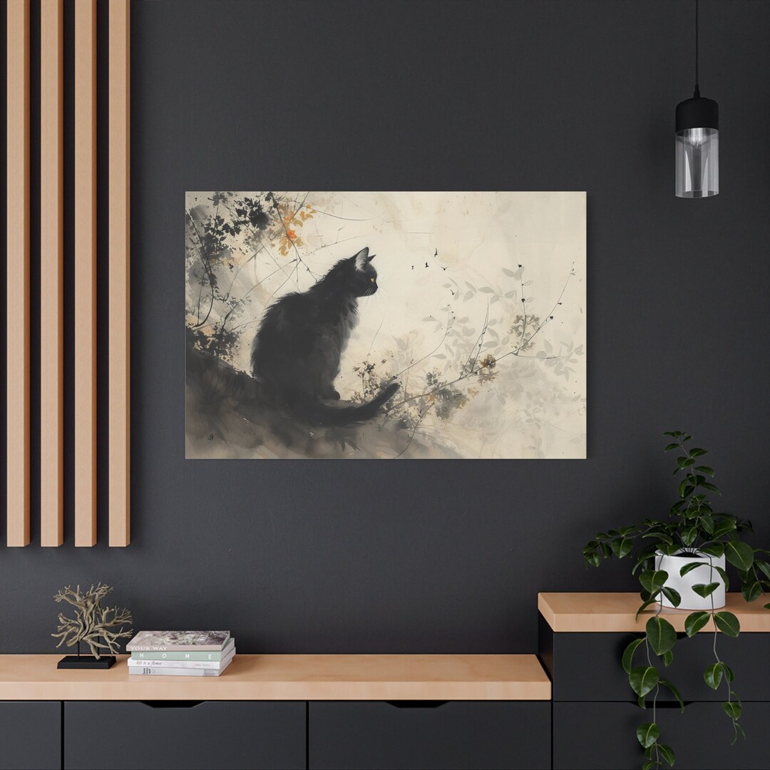 Wabi Sabi Cat Silhouette Canvas Art Tranquil Nature Wall Decor Abstract ...