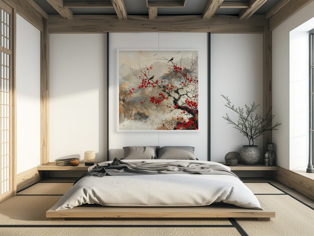 Elegant Birds & Blossom Wall Art Vintage Nature Prints Rustic Japanese ...