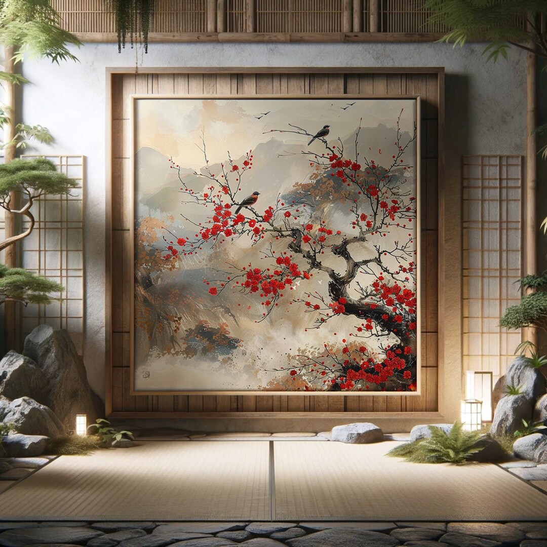Elegant Birds & Blossom Wall Art Vintage Nature Prints Rustic Japanese ...