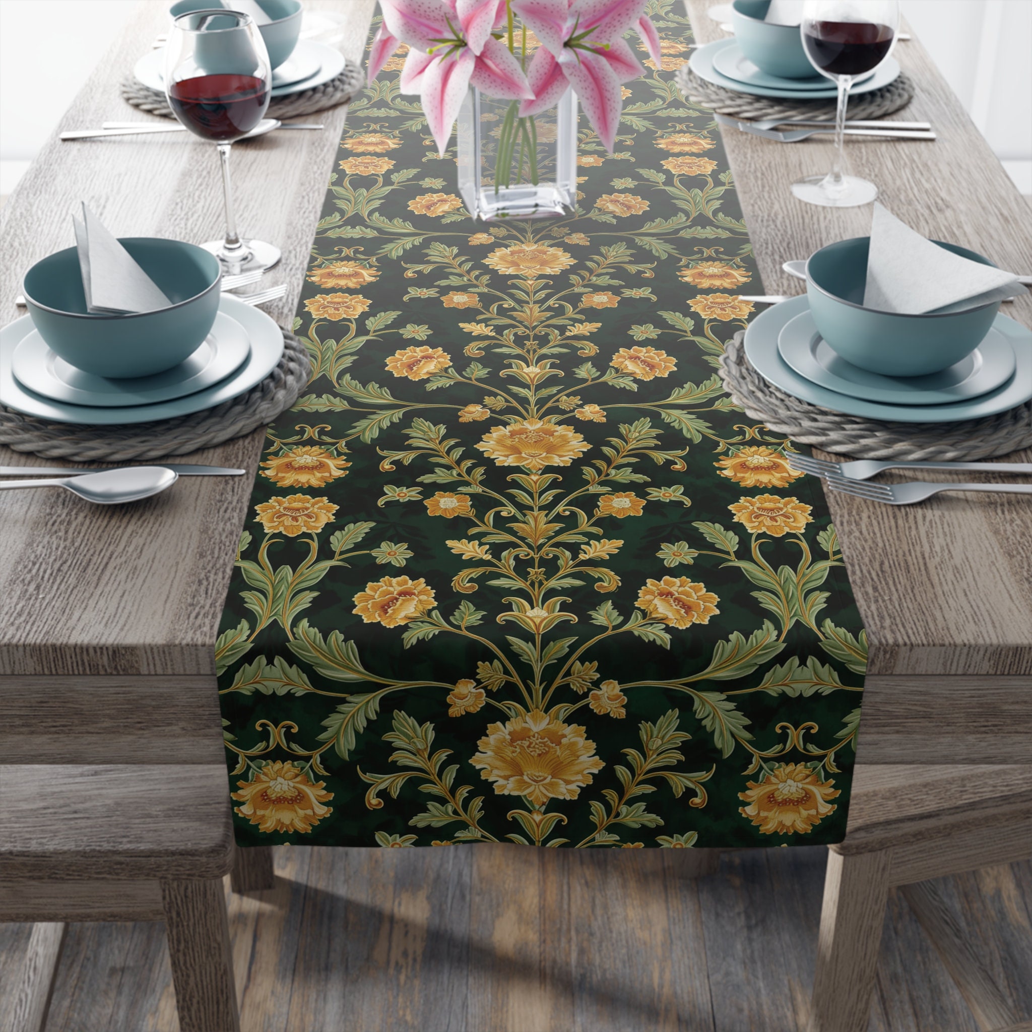 Green and Gold Renaissance Inspired Bird Table Runner - Etsy