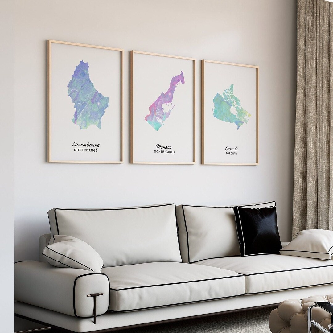 Personalized Watercolor Map Prints – Set of 3, Custom Country Art ...