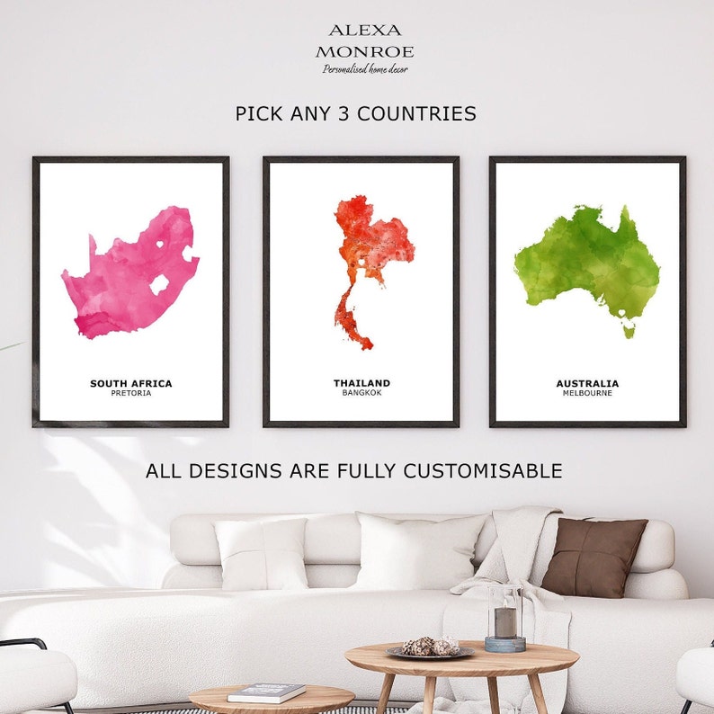 Set of 3 Personalized Map Prints Any Three Countries, Custom Map Art, New Home Gift, Leaving ...