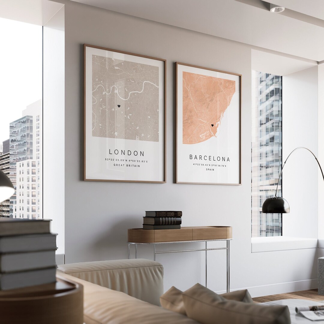 Set of 2 City Maps, Any Location, Personalized Wall Map, Personalised ...