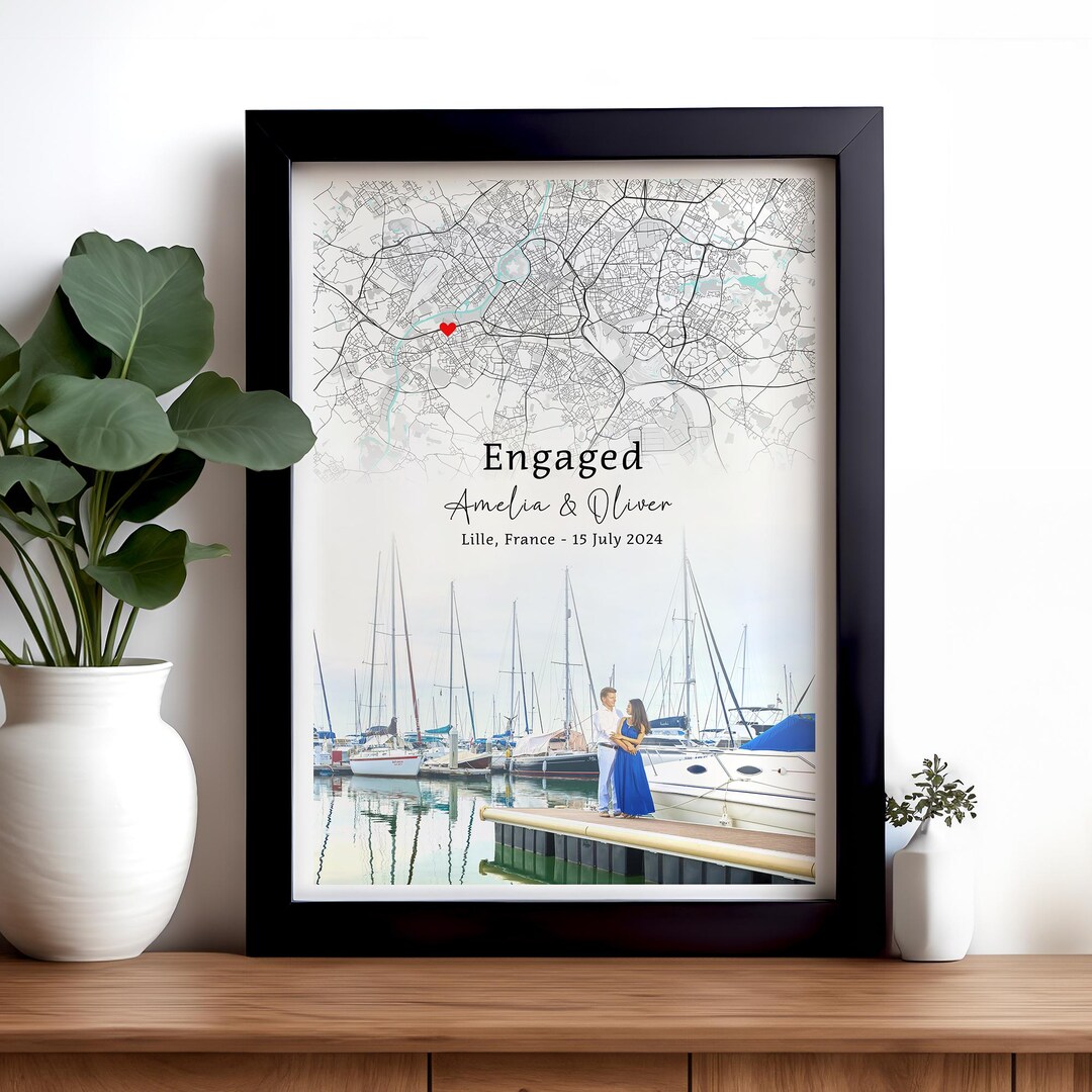 Engagement Image & Map Print, Engagement Print, Gift for Engaged Couple ...
