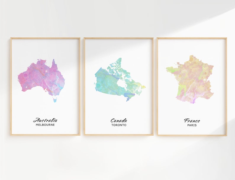 Personalized Watercolor Map Prints – Set of 3, Custom Country Art ...