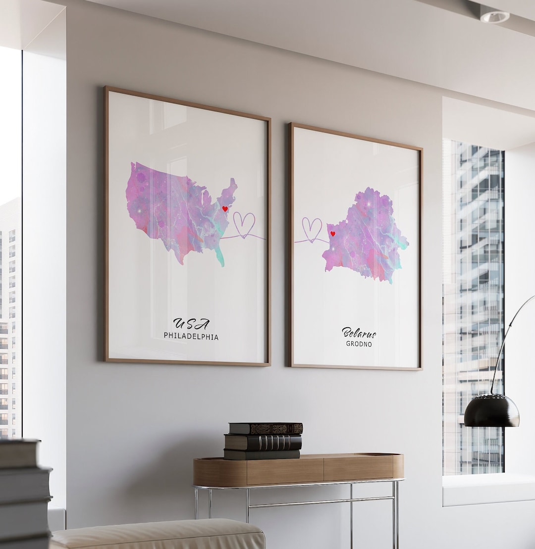 Set of 2 Personalised Maps - Any Two Countries, Custom Map Art, New ...