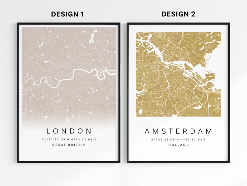 Set of 2 Custom City Maps, Any Location, Personalised Street Map Wall ...
